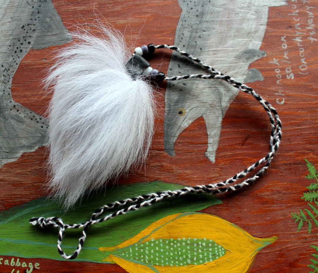 Real Arctic Fox Tail Fur Necklace With Braided Cord and Glass Beads ...