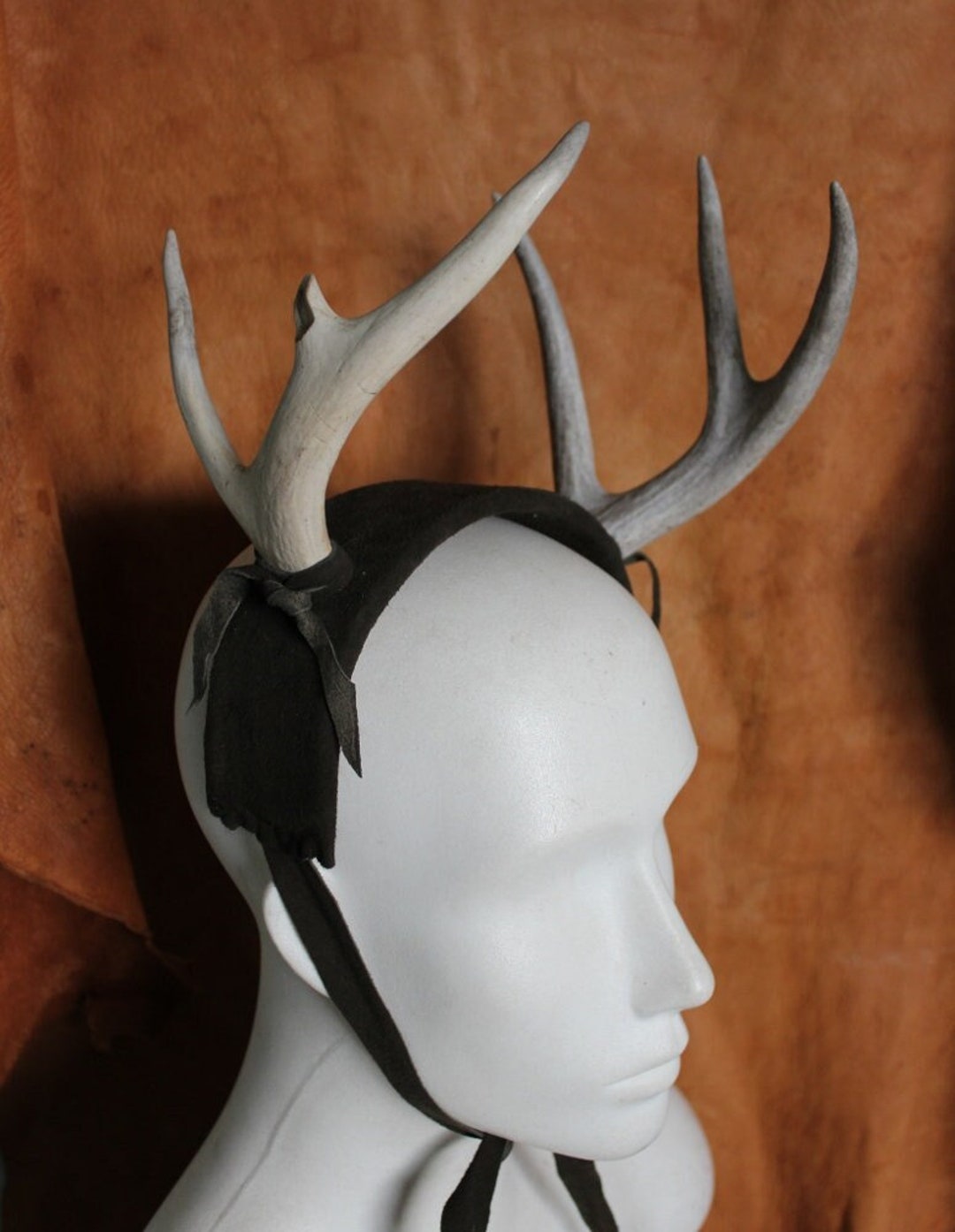 Real Deer Antler and Natural Deerskin Headdress Headband Stag Horned ...