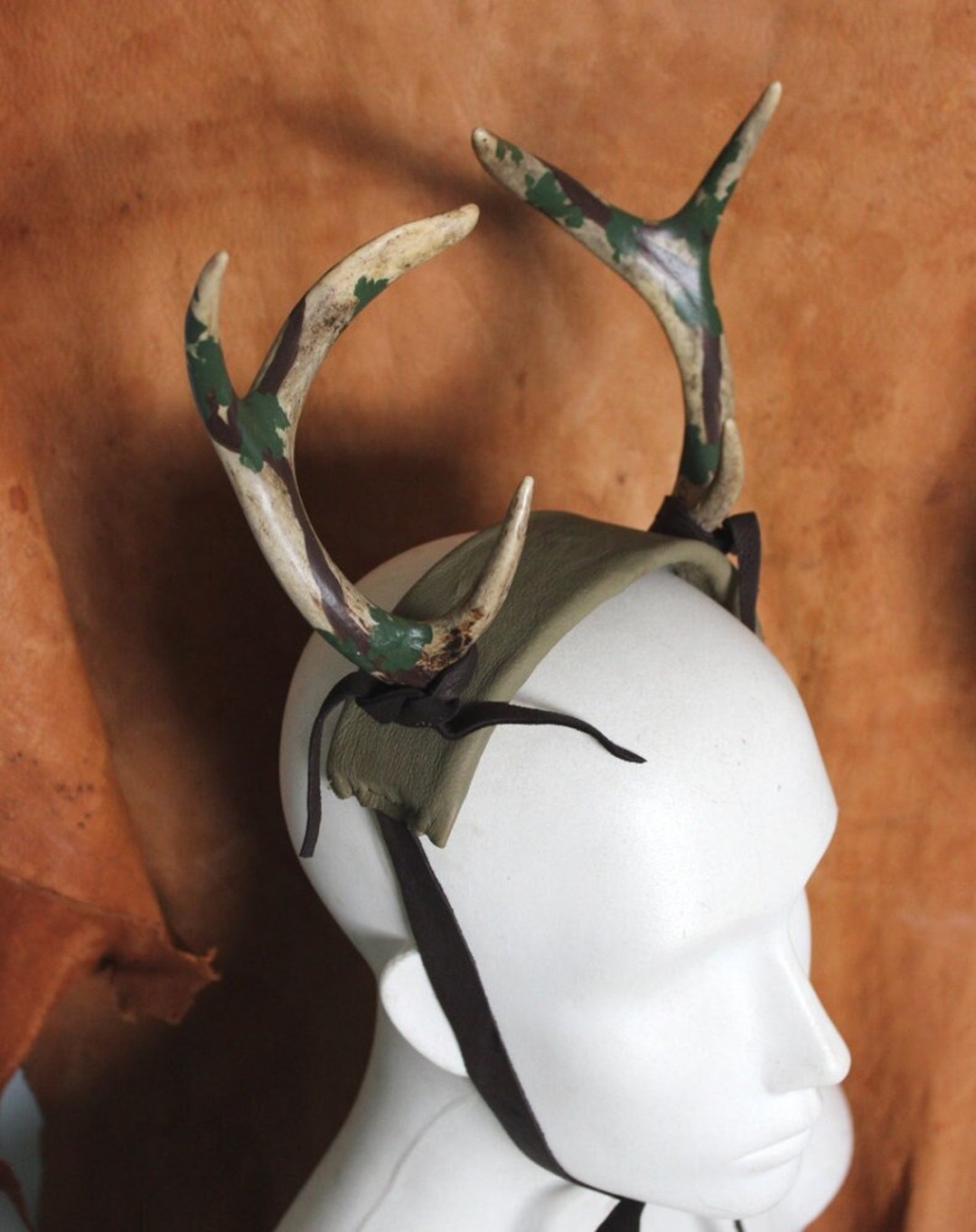 Real Deer Antler and Natural Deerskin Headdress Headband Stag Horned ...