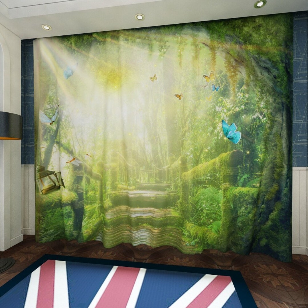 Forest Tree Butterfly Sunshine Stairs Window Curtain Fantasy - Etsy