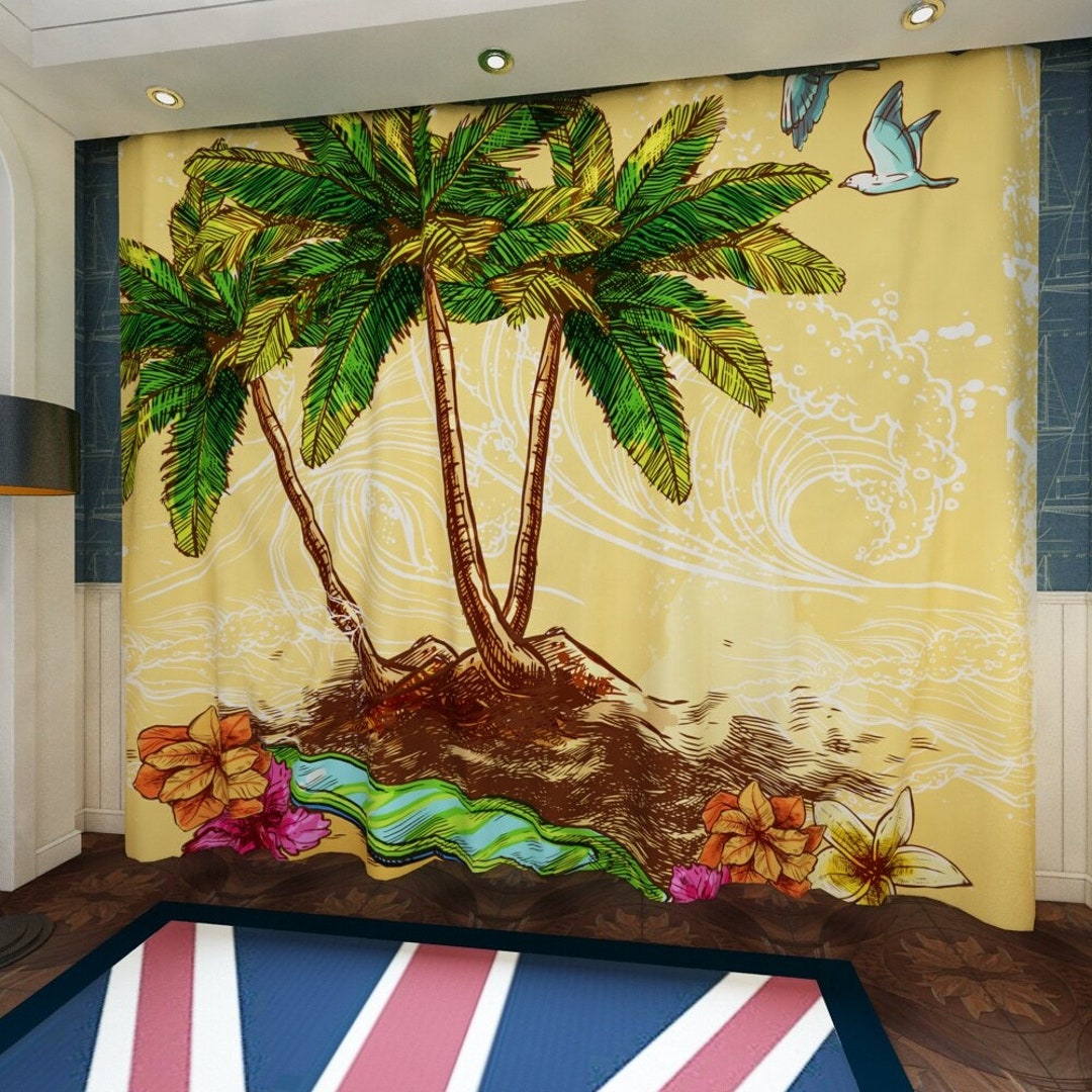 Tree Flower Window Curtain Illustration Theme Pulp Board Small Islands ...