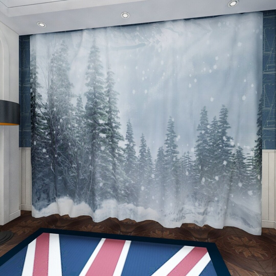 Snowy Mountain Window Curtain Forest Theme Forests Snow Mountain Winter ...