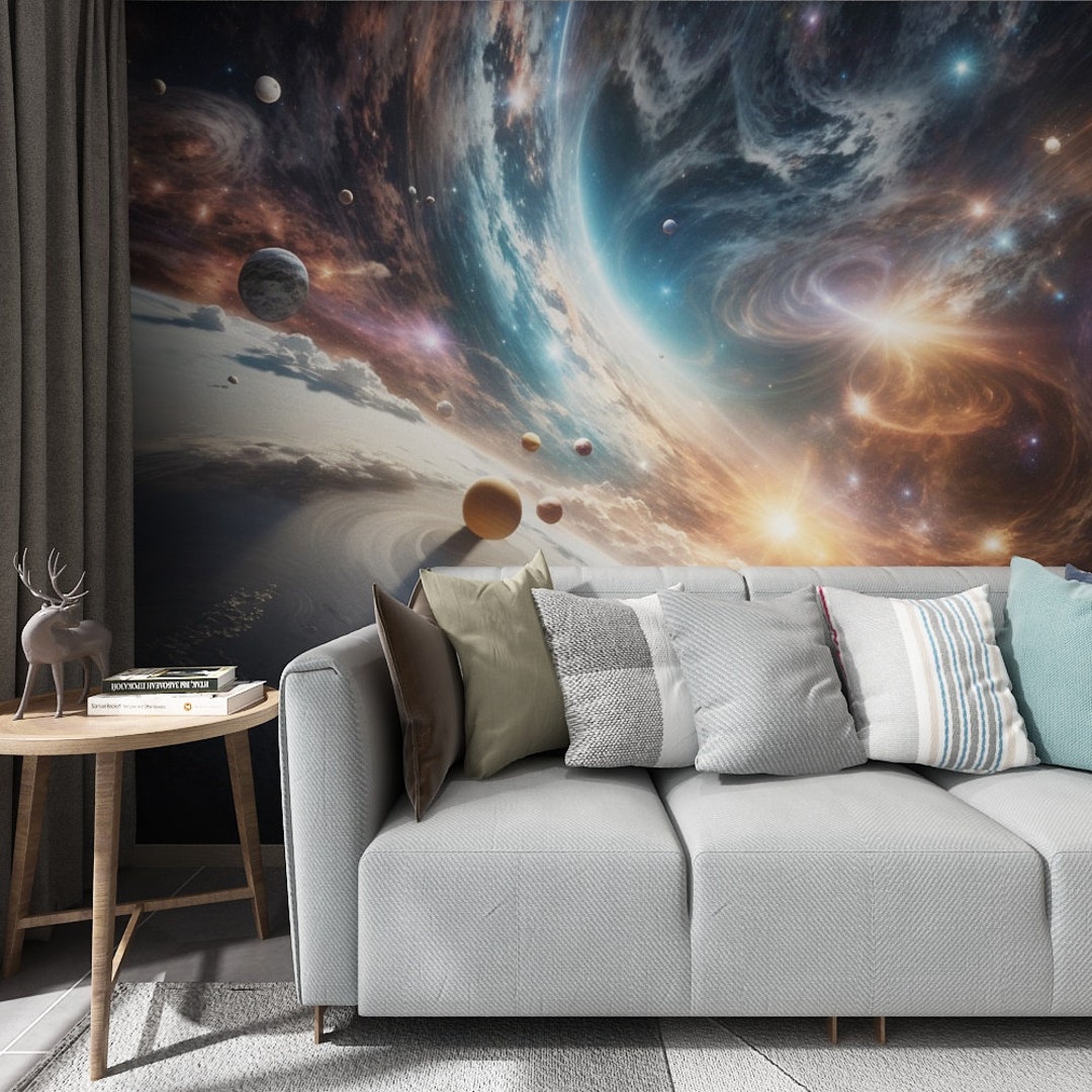 Surreal Space Planets Fabric Wall Covering Seamless Wallpaper ...