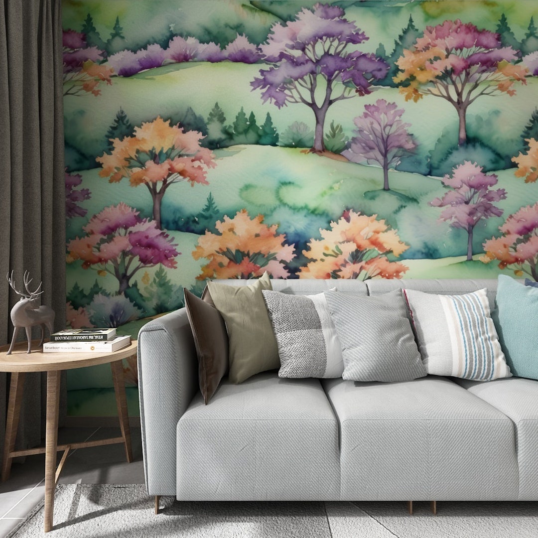 Watercolor Trees Nature Fabric Wall Covering Seamless Wallpaper ...