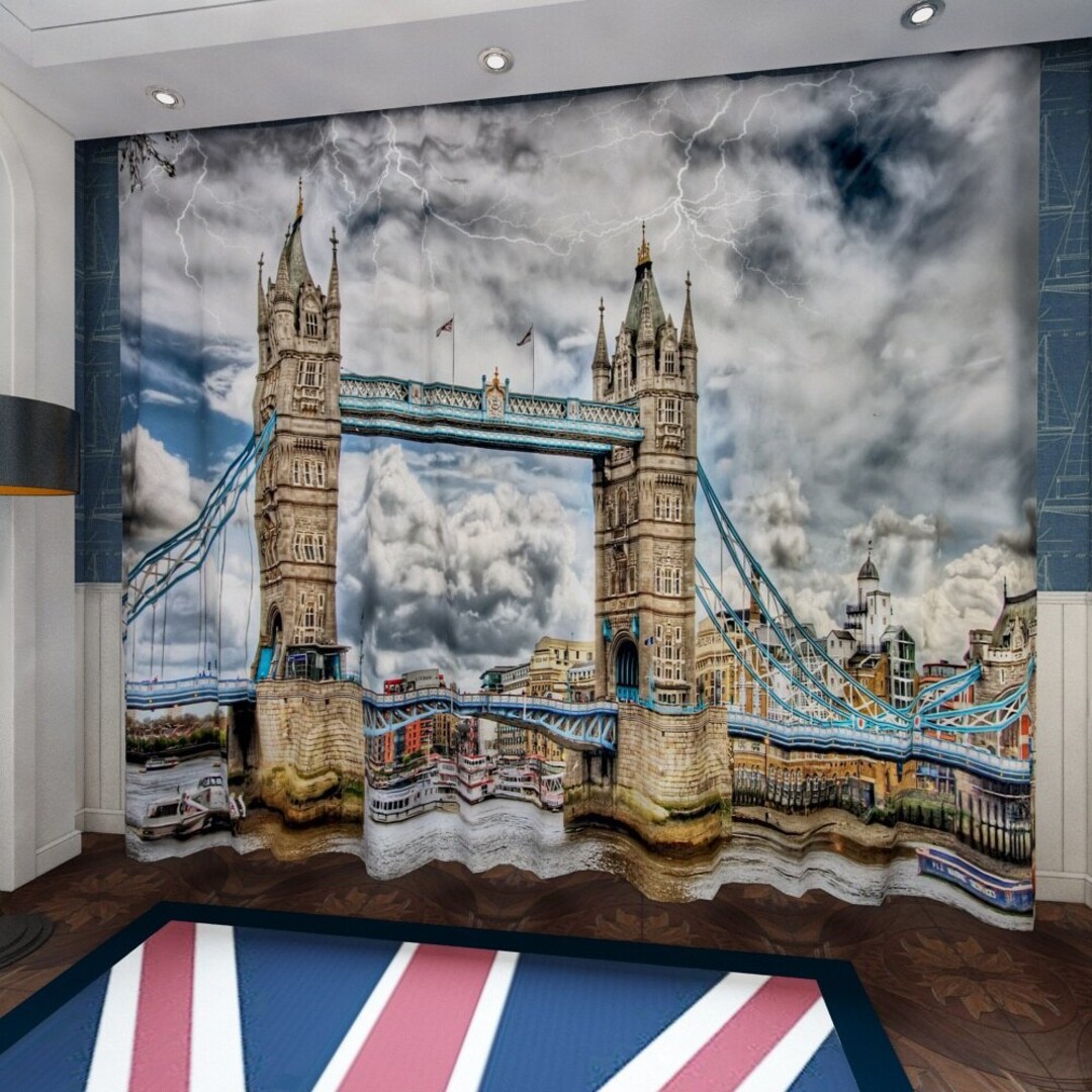 Tower Bridge Window Curtain Edifices Theme London Bridge Dark Clouds ...