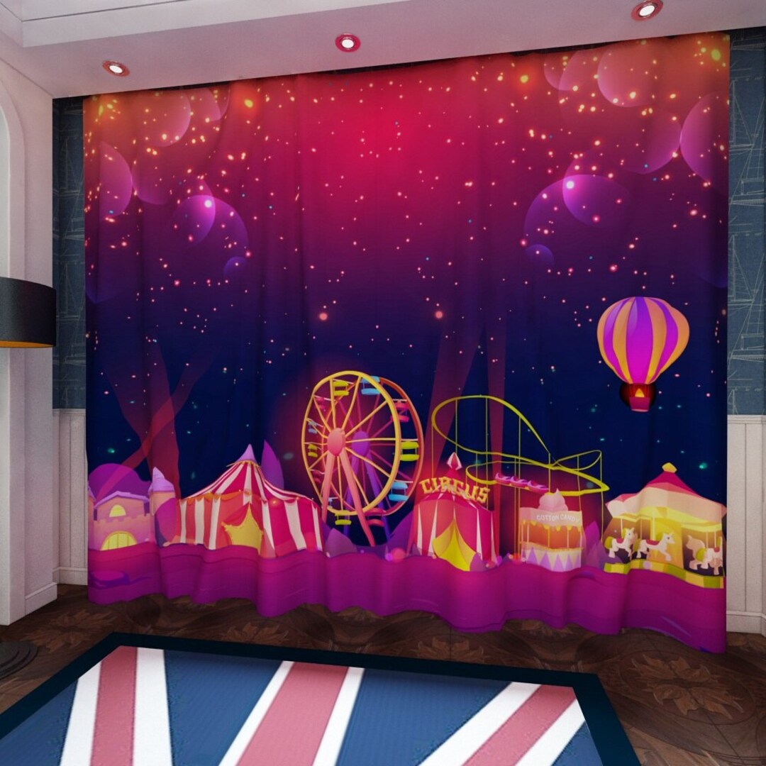 Circus Show Balloon Purple Window Curtain Cartoon Theme Circus Ferris ...