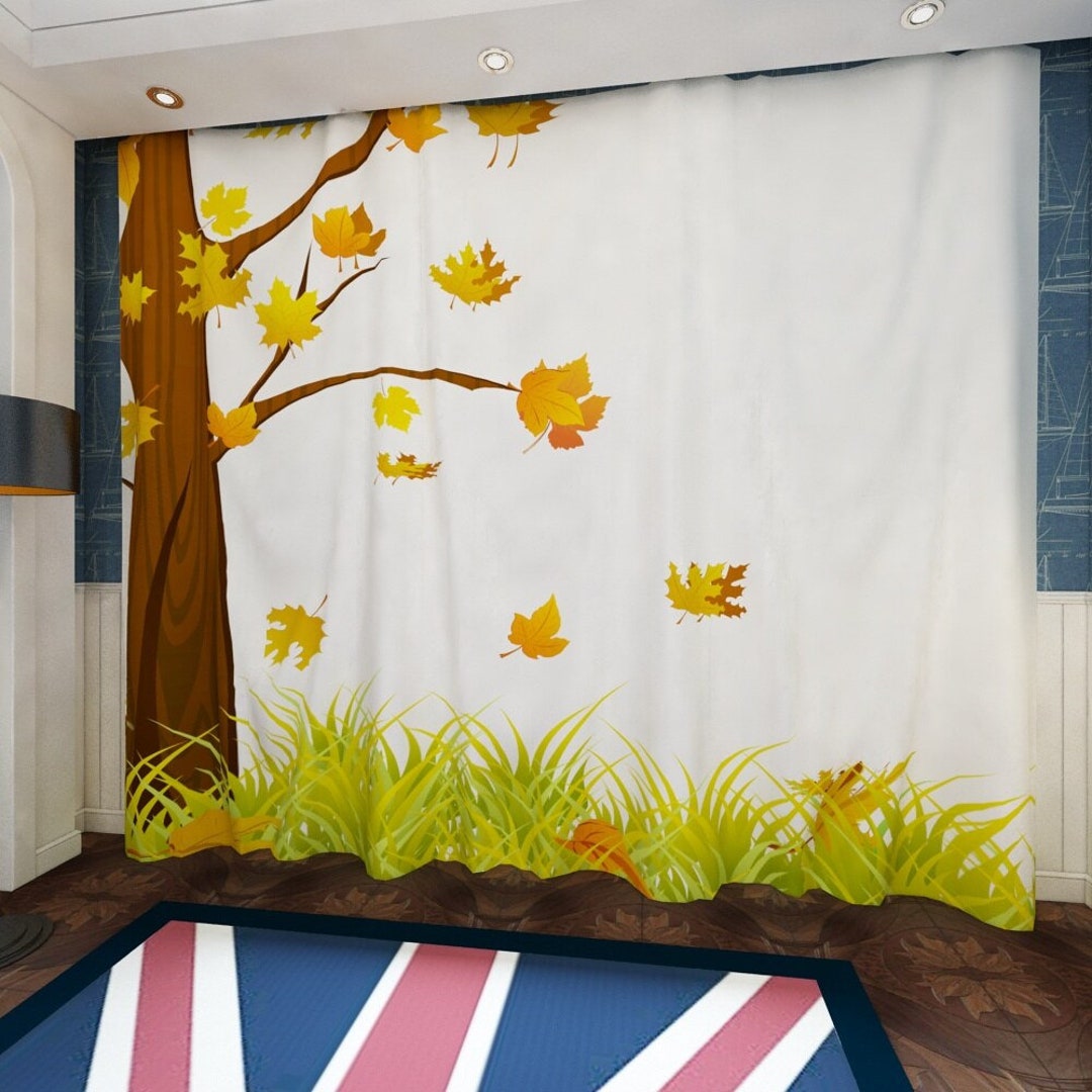 Tree Grass Fallen Leaves Window Curtain Cartoon Theme Trees - Etsy