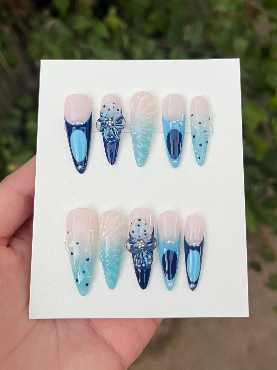 Blue 3D Nails| Gel Press on Set| Handmade Nails| Nail Art - Etsy