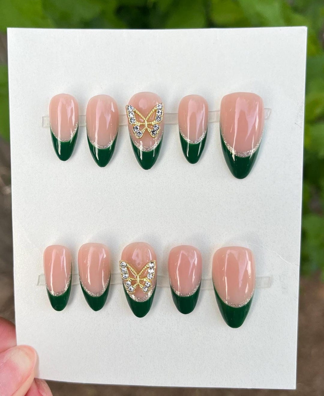 Green and Glitter French Tip Gel Press on Set Handmade Nails Nail Art ...