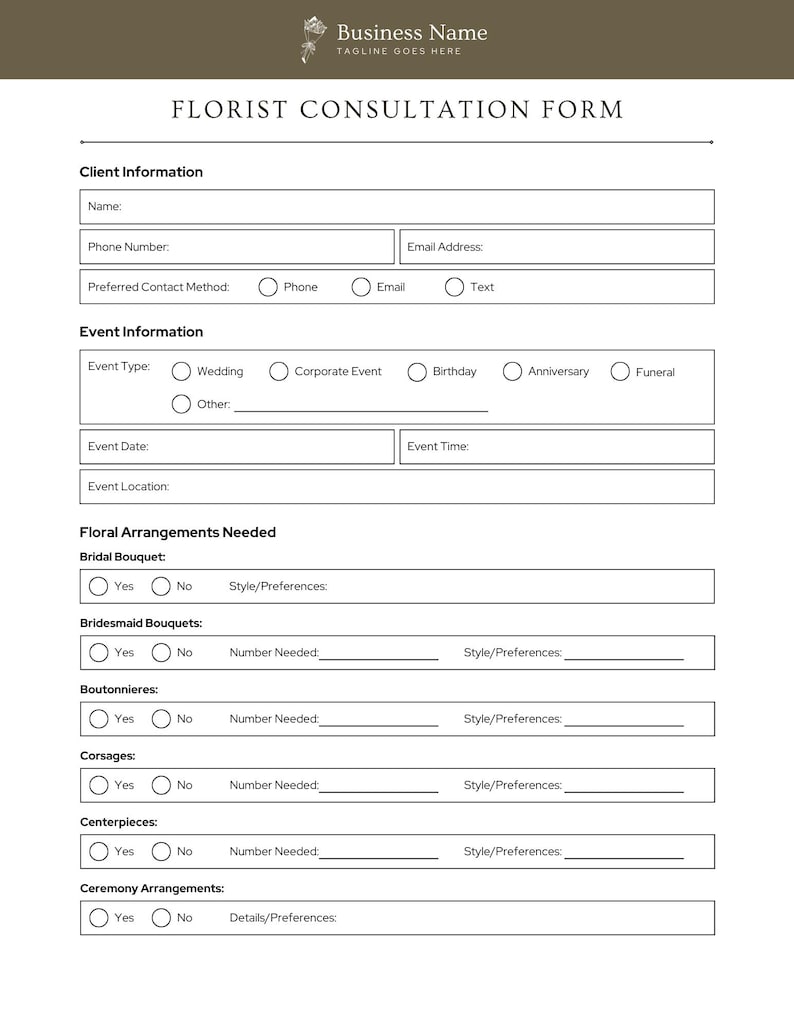 Floral Consultation Sheet - Editable in Canva - for Weddings and Other ...