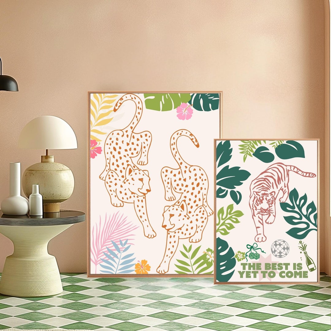 Preppy Jungle Animals Set of 2 Wall Art, Twin Leopard Print ...