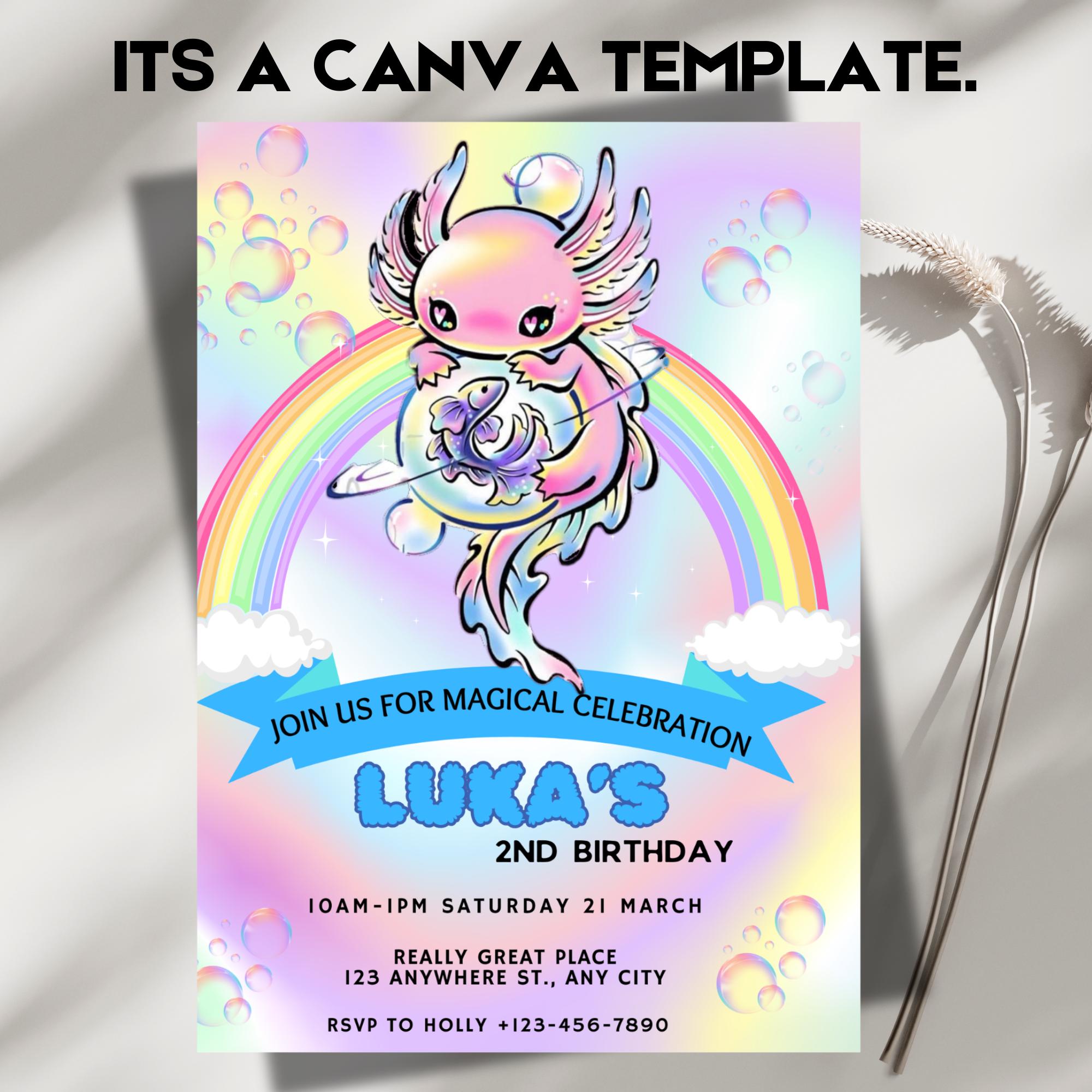 Cute Axolotl Birthday Invitation | Pastel Rainbow Party (editable Canva ...
