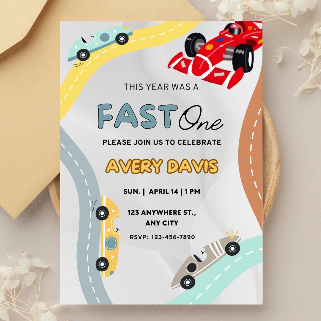 Fast One Custom Racing Cars 1st Birthday Party Invitation – Kids ...
