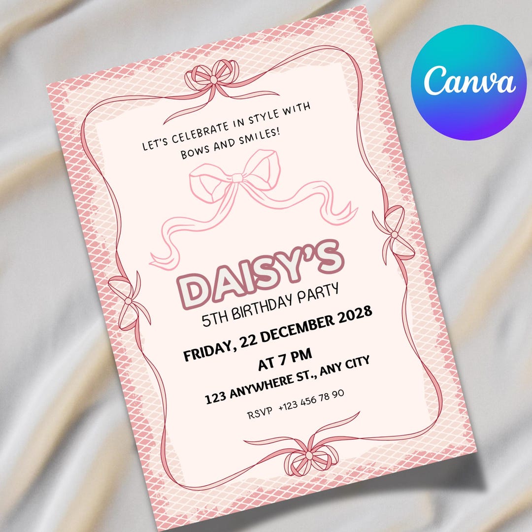Bow Birthday Invitation: Minimalist Pink Template (canva Editable) - Etsy