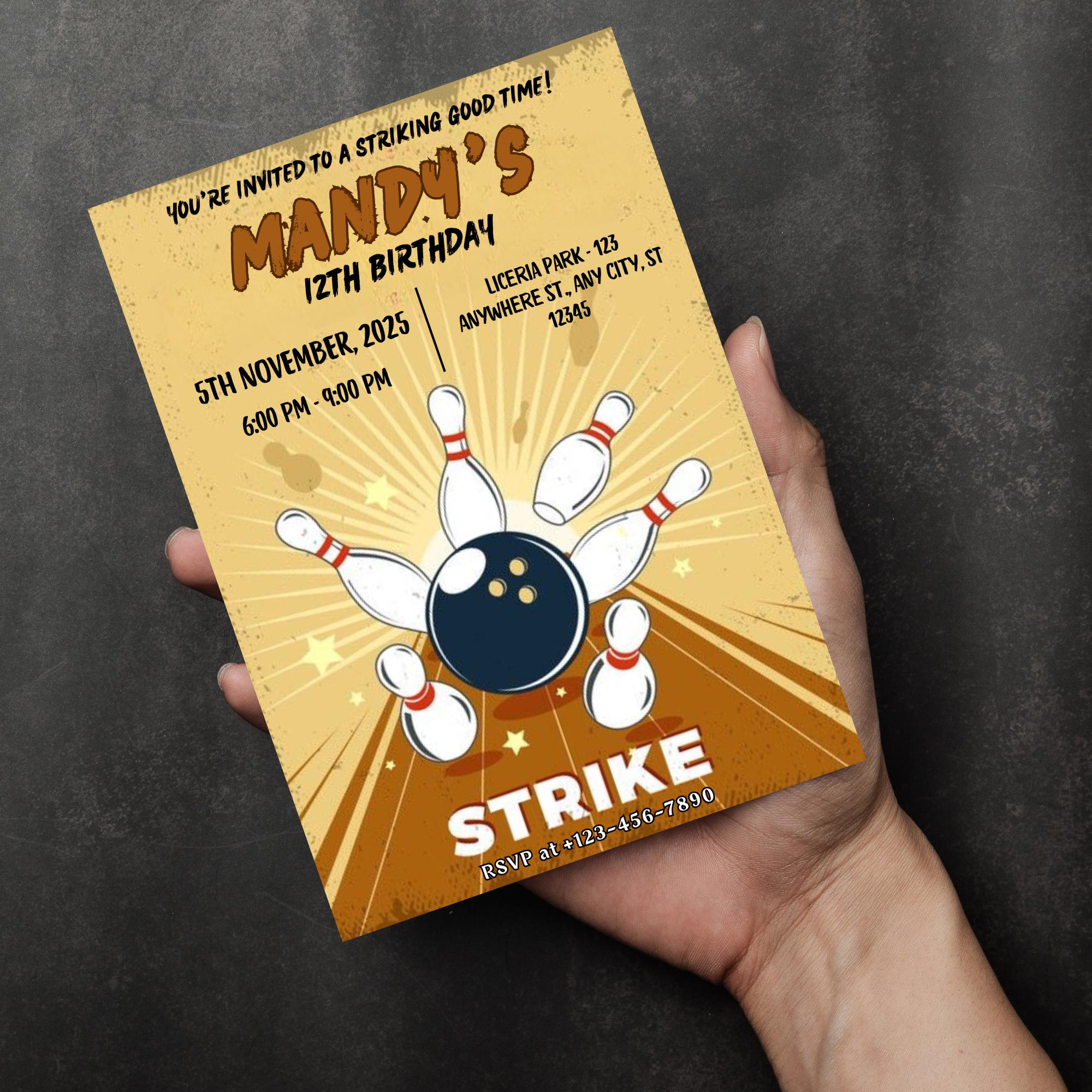 Editable Brown Bowling Match Birthday Invitation Template ...