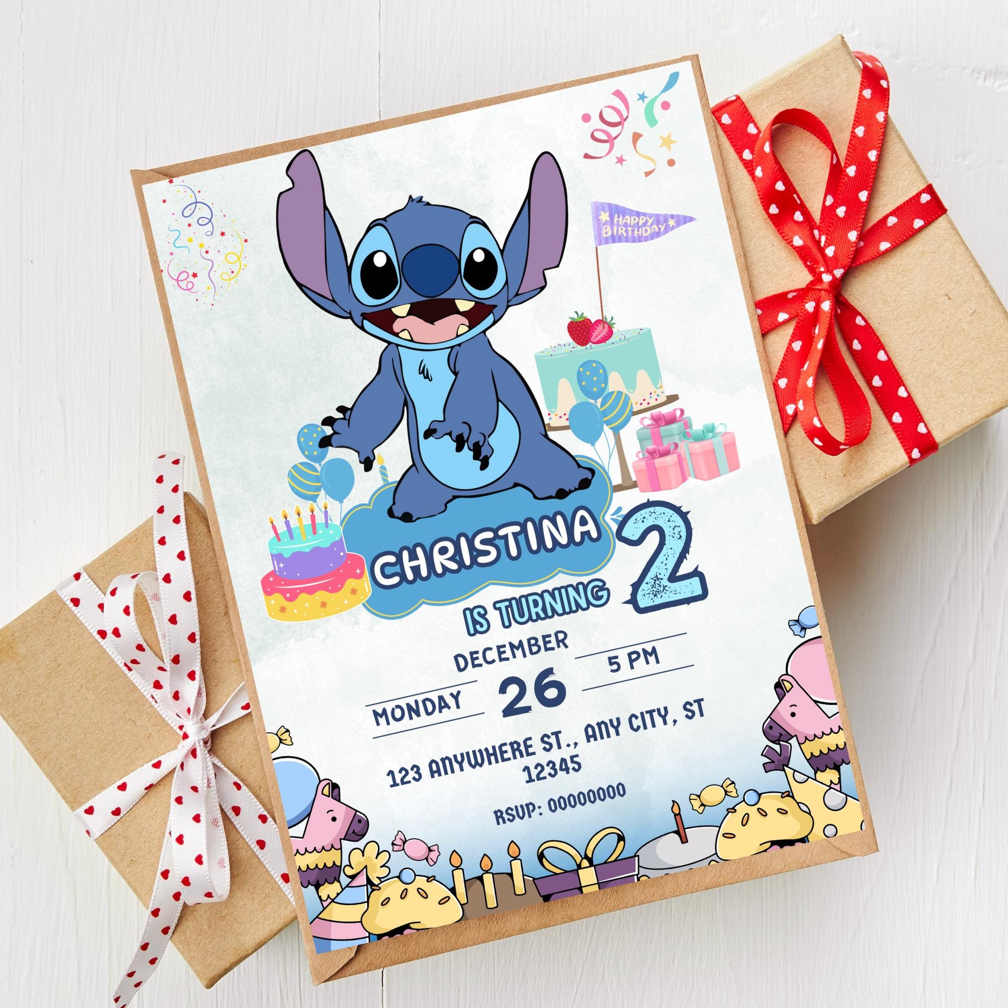 Stitch and Angel Theme Kids Party Invitation Editable Blue & Pink ...