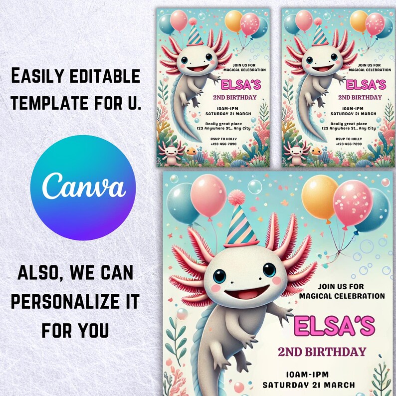 Axolotl Birthday Invitation | Editable Kids Party Invite (canva ...