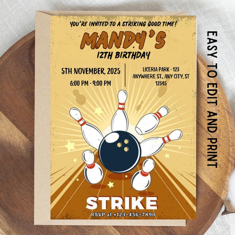 Editable Brown Bowling Match Birthday Invitation Template Customizable ...