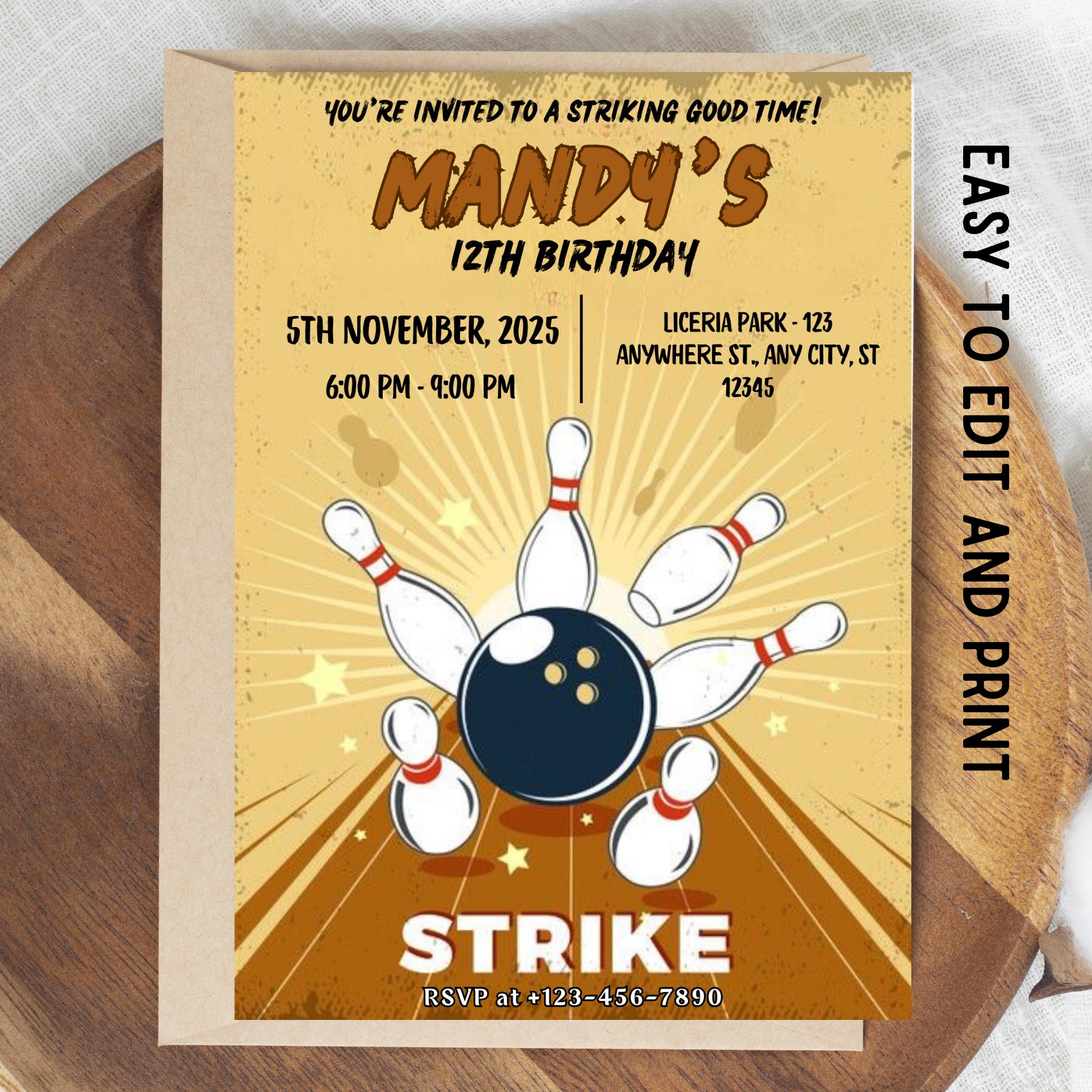 Editable Brown Bowling Match Birthday Invitation Template ...