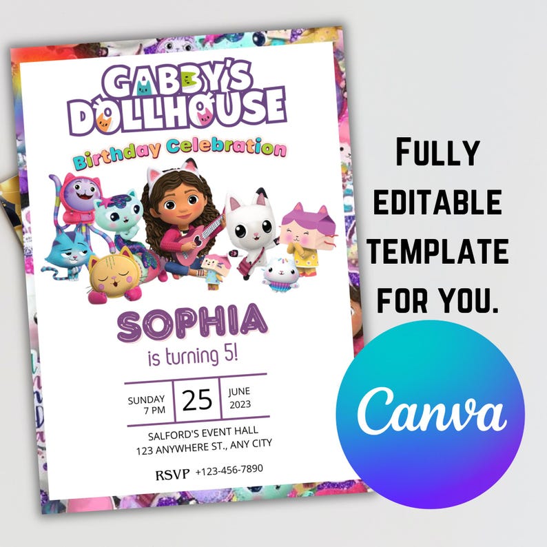 Editable Gabby's Dollhouse Birthday Invitation | Instant Download ...