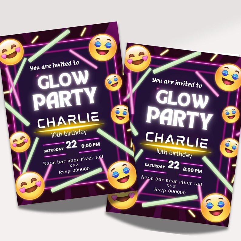 Editable Glow Party Birthday Invitation, Glow Invitation, Girl, Boy, Neon Party Invite, Neon ...
