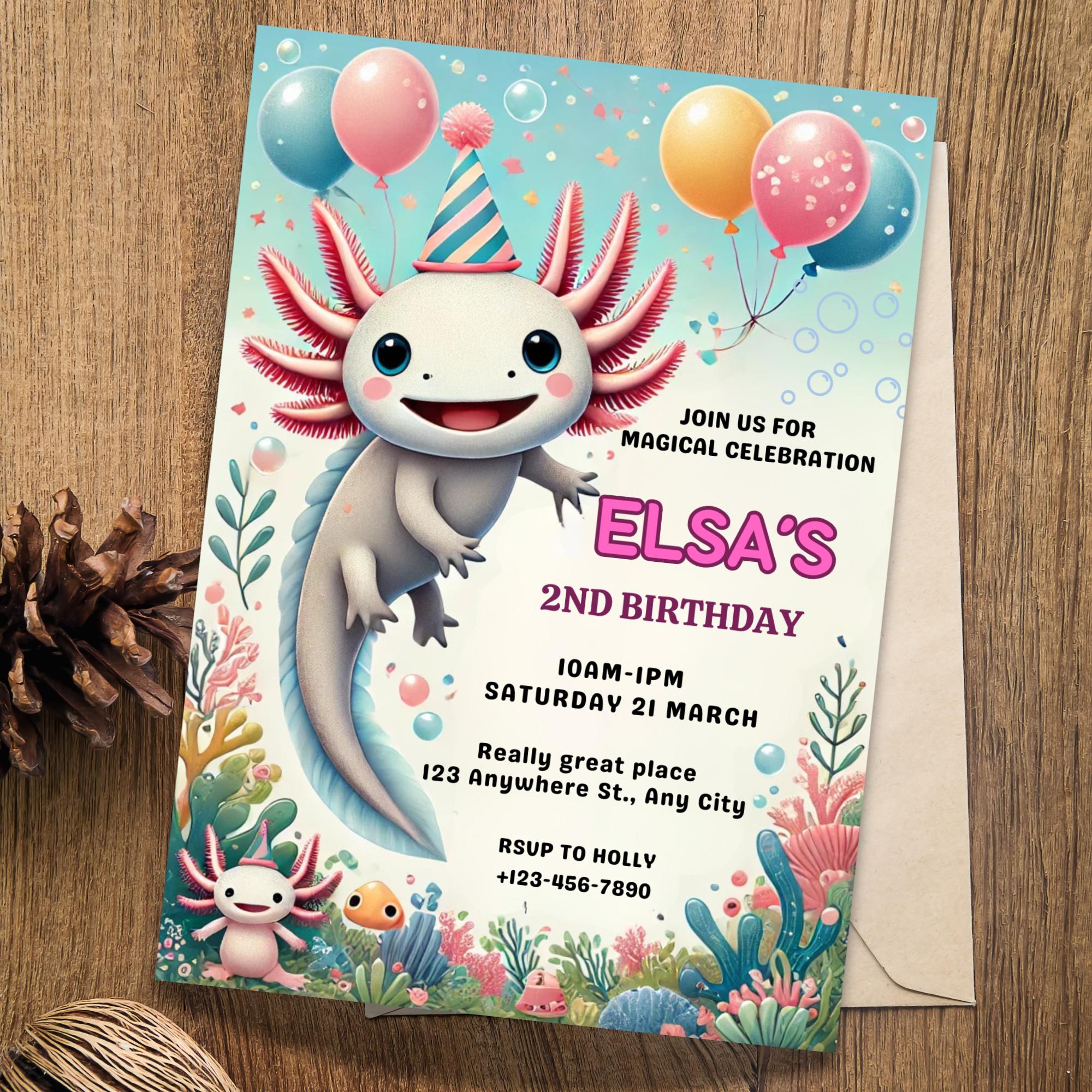 Axolotl Birthday Invitation| Cute Underwater Party Invite | Editable ...