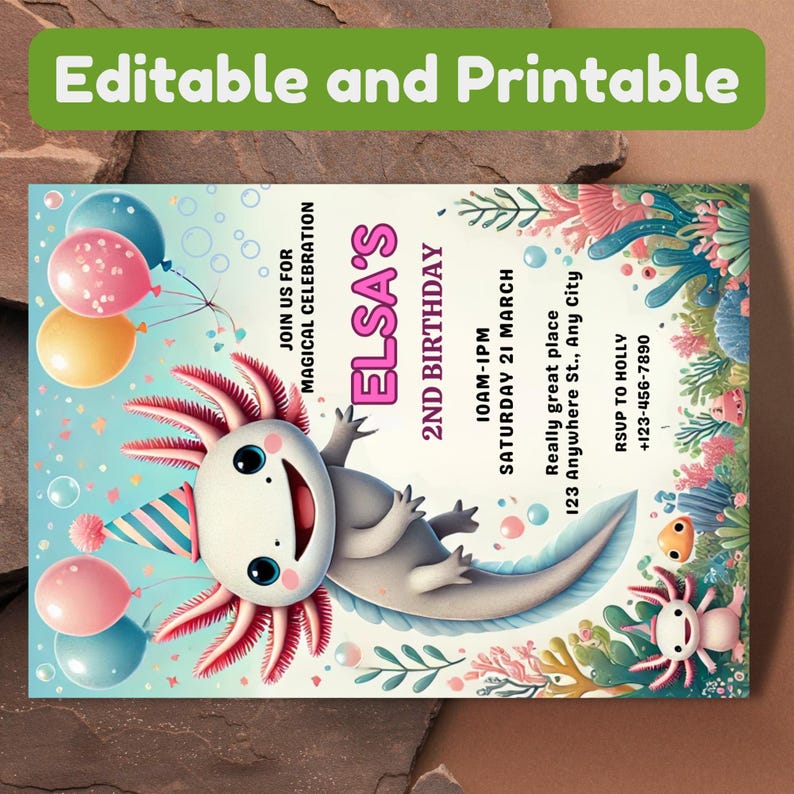 Axolotl Birthday Invitation | Editable Kids Party Invite (canva ...