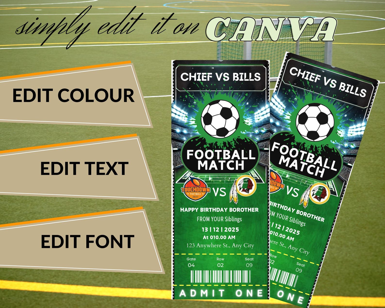 Editable Football Ticket Template, Custom Sports Game Gift Ticket ...
