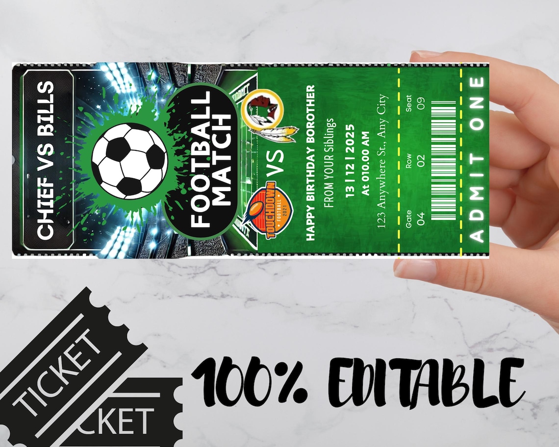 Editable Football Ticket Template, Custom Sports Game Gift Ticket ...