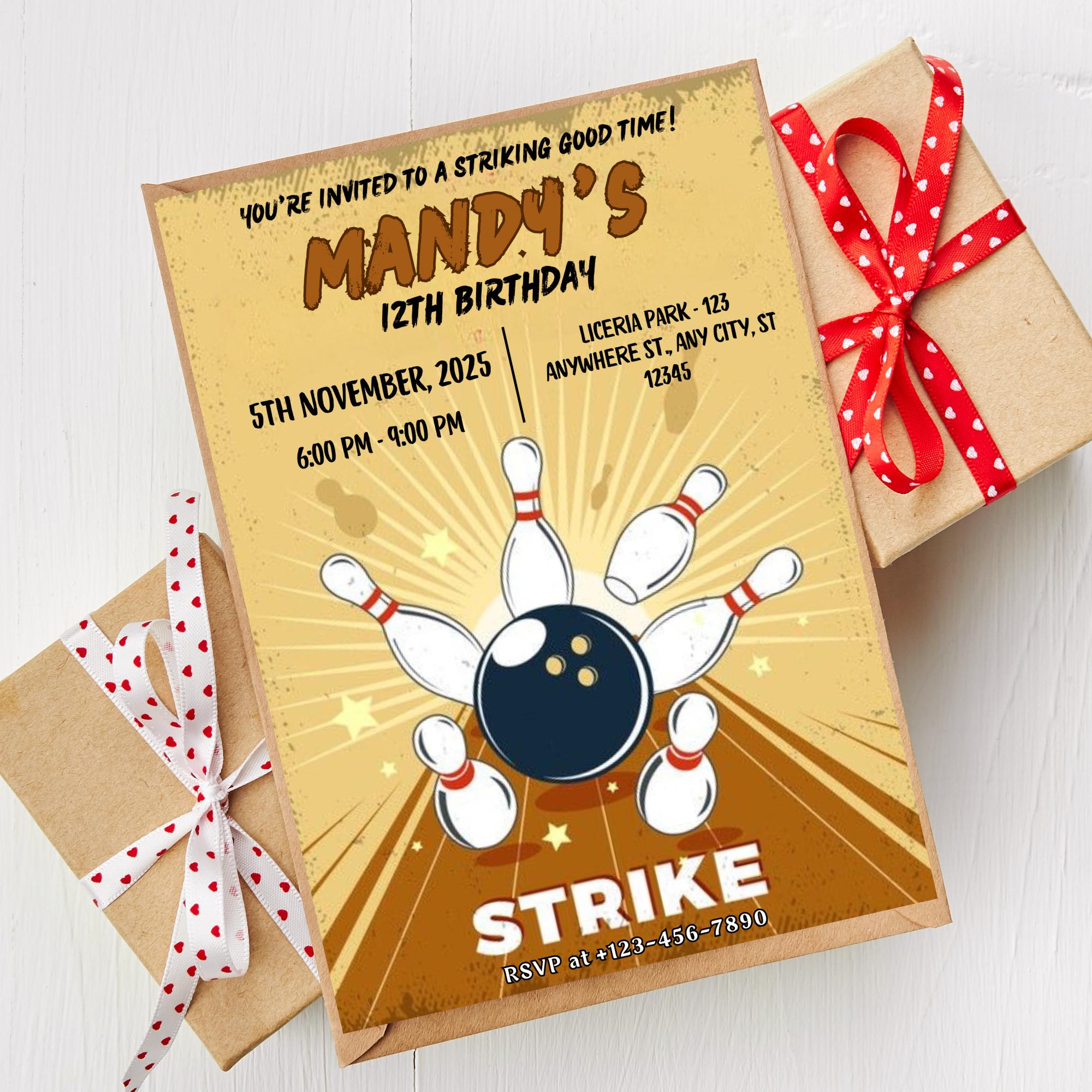 Editable Brown Bowling Match Birthday Invitation Template ...