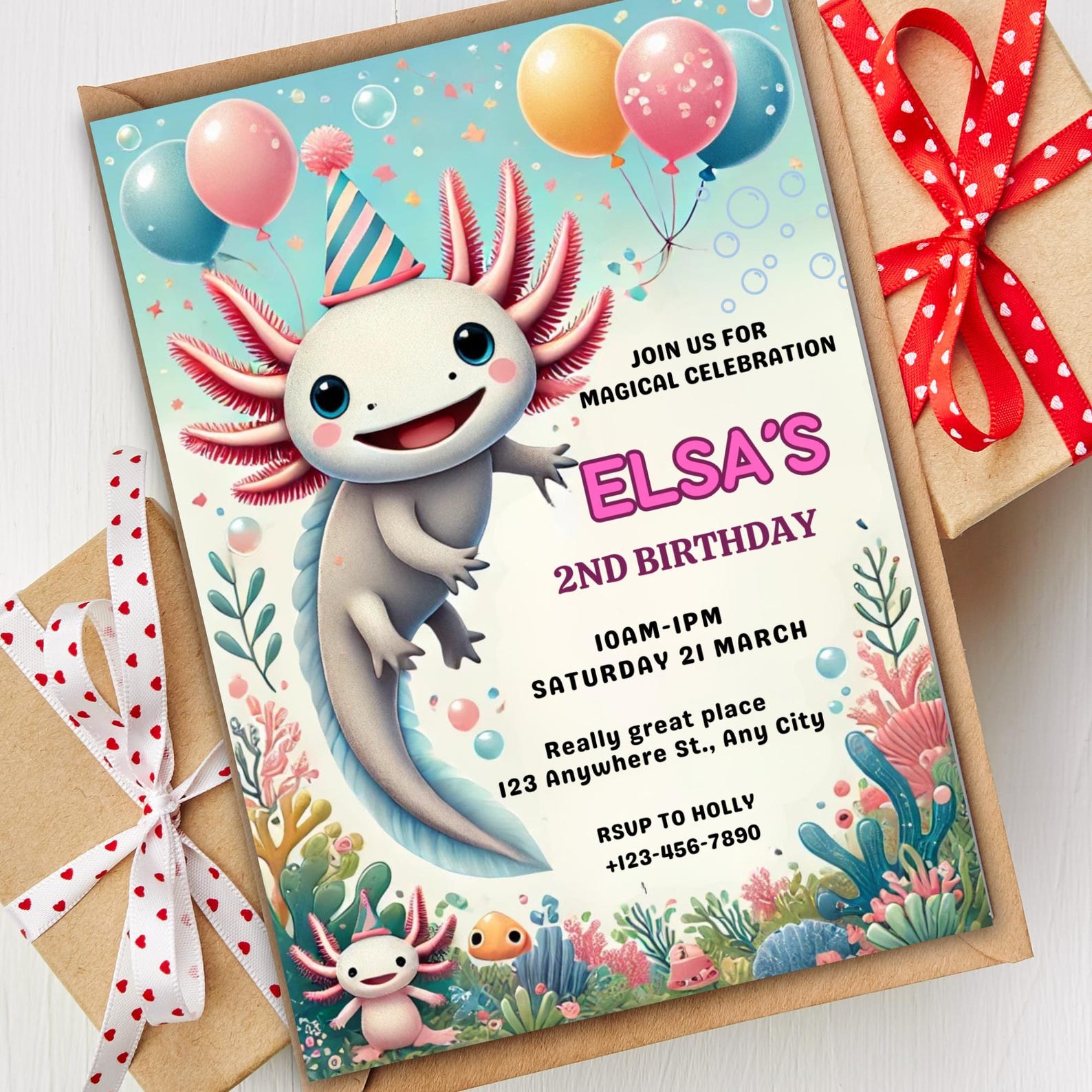 Axolotl Birthday Invitation| Cute Underwater Party Invite | Editable ...