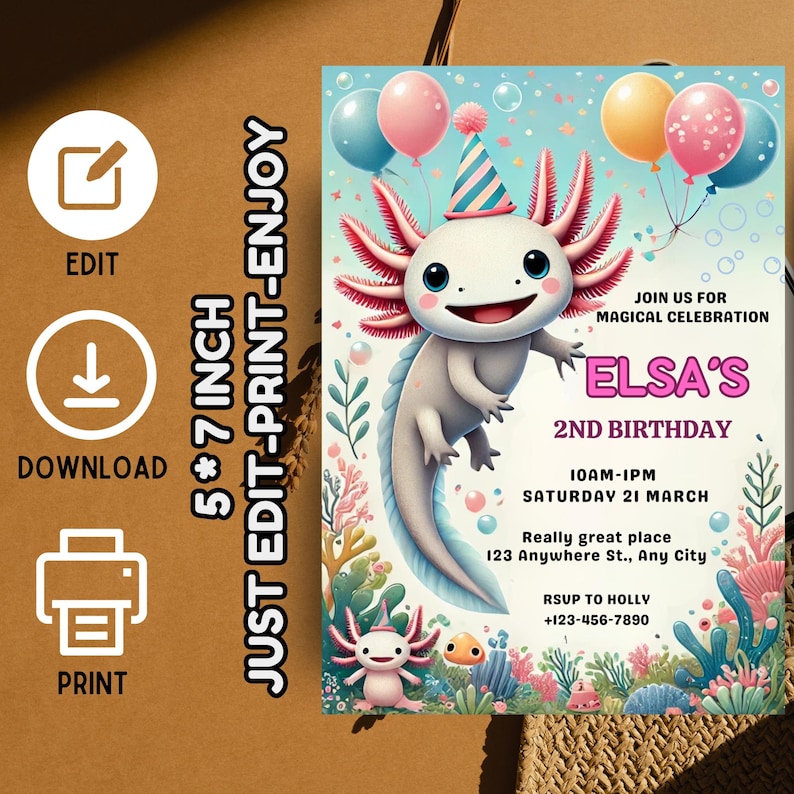 Axolotl Birthday Invitation | Editable Kids Party Invite (canva ...