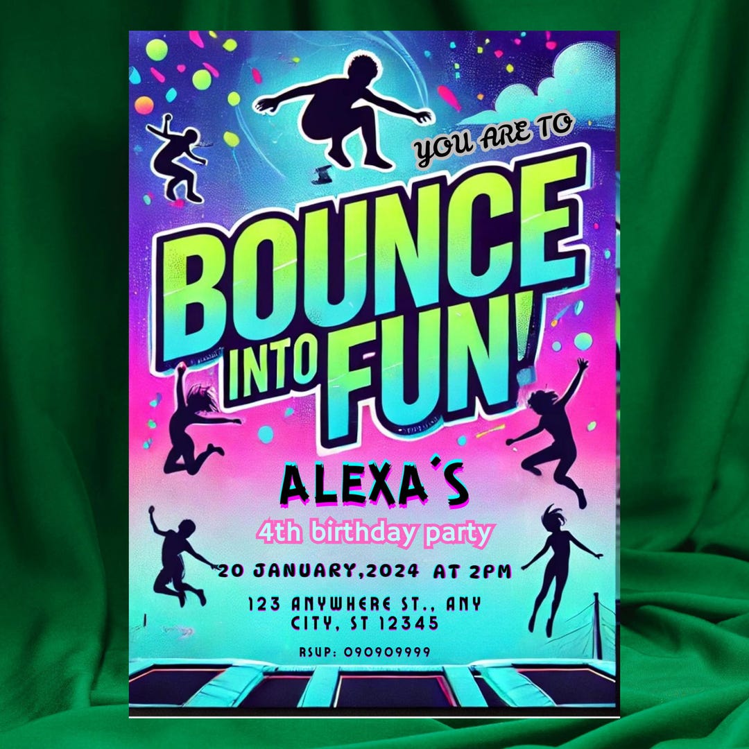 Trampoline Birthday Party Invitation - Editable Teen Jump Party Invite ...