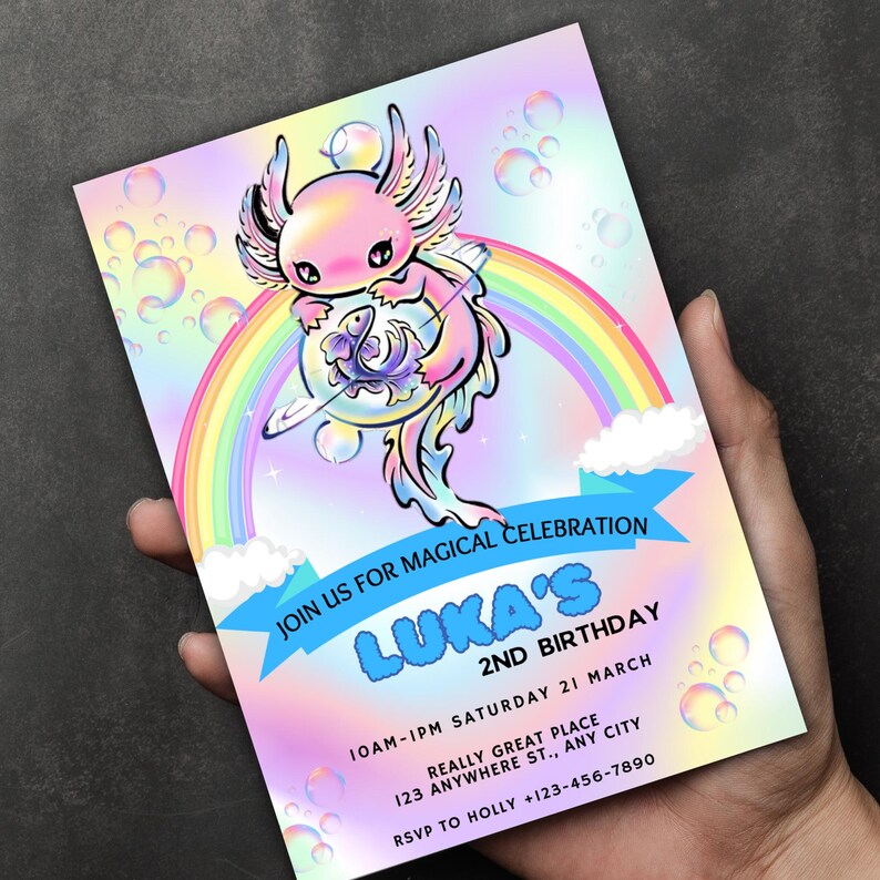 Cute Axolotl Birthday Invitation | Pastel Rainbow Party (editable Canva ...