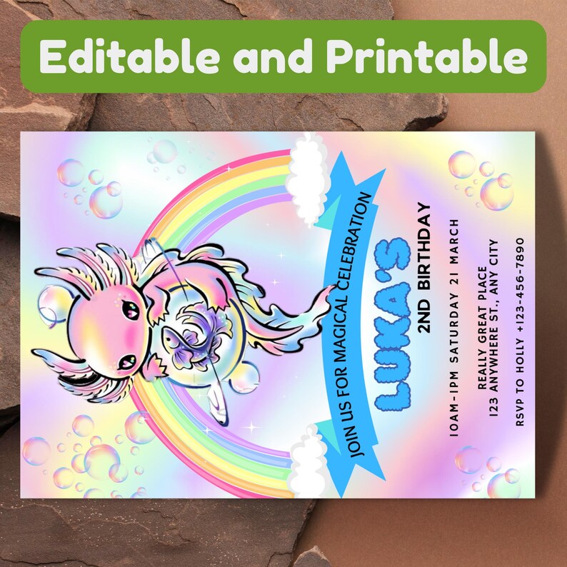 Cute Axolotl Birthday Invitation | Pastel Rainbow Party (editable Canva ...