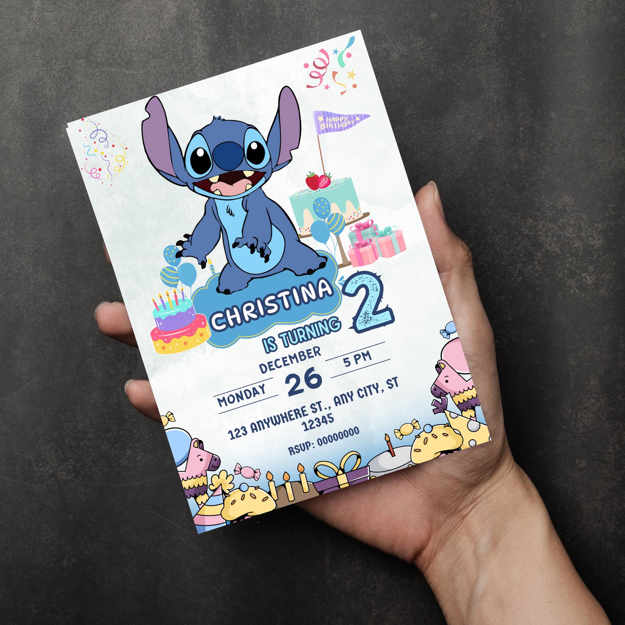 Stitch and Angel Theme Kids Party Invitation Editable Blue & Pink ...