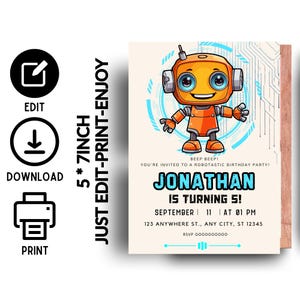 Editable Robot Birthday Party Invitation Template | Digital 5x7 Canva ...