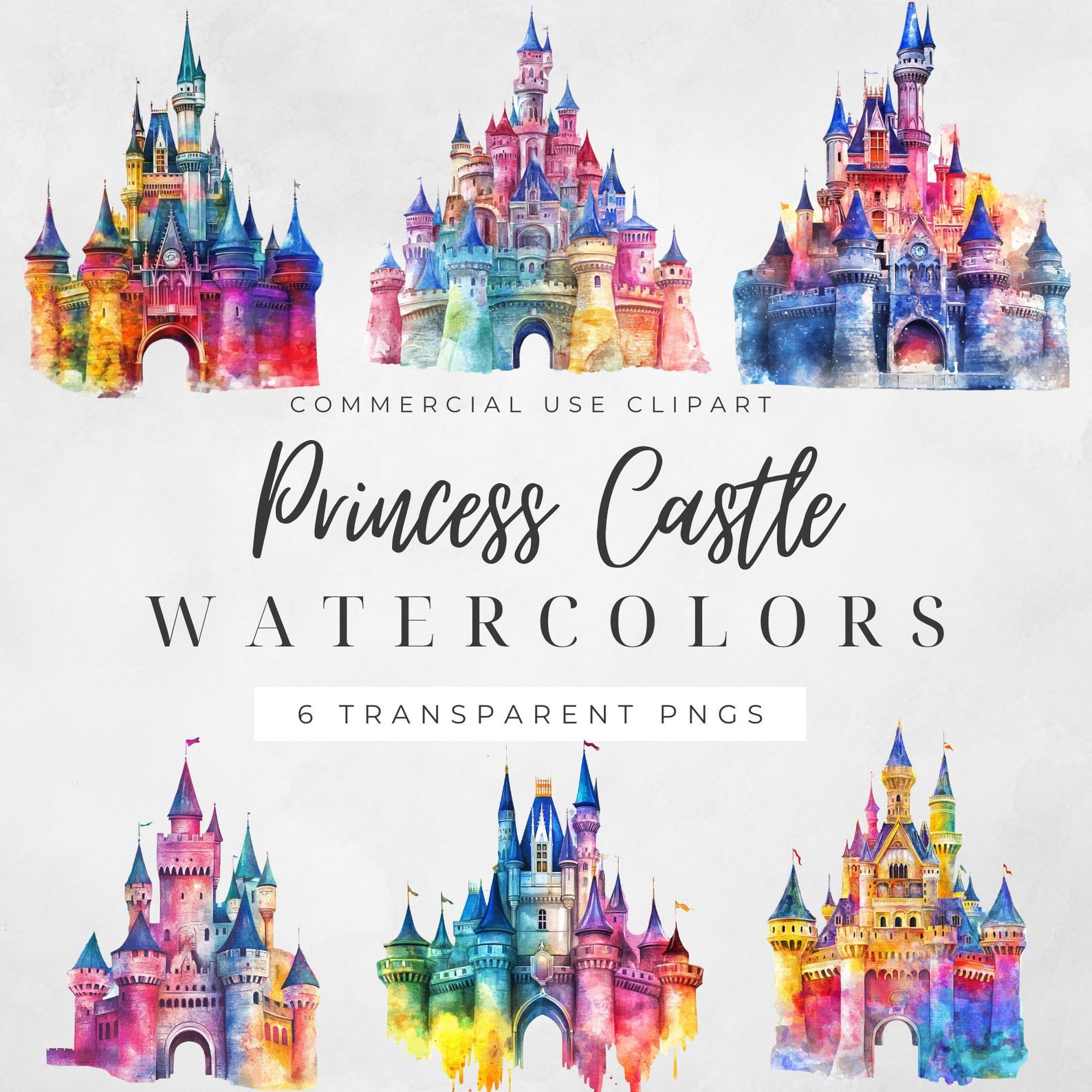Princess Castle Watercolor Clipart Pack 300 DPI PNG Transparent ...