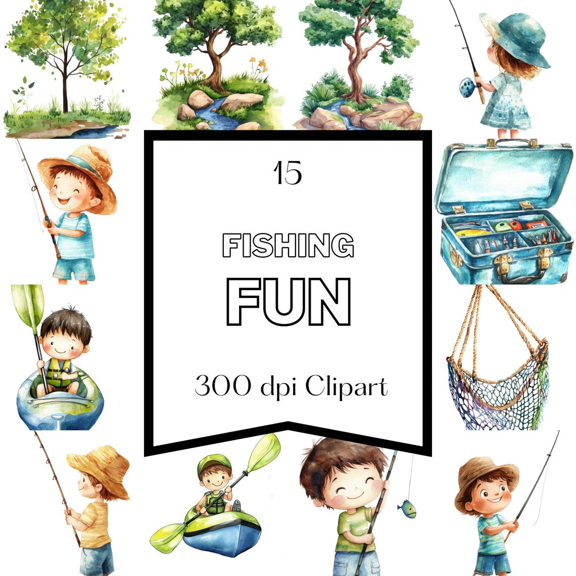 Fishing Fun Clipart Bundle for Kids, Watercolor Boys Fishing Clip Art ...