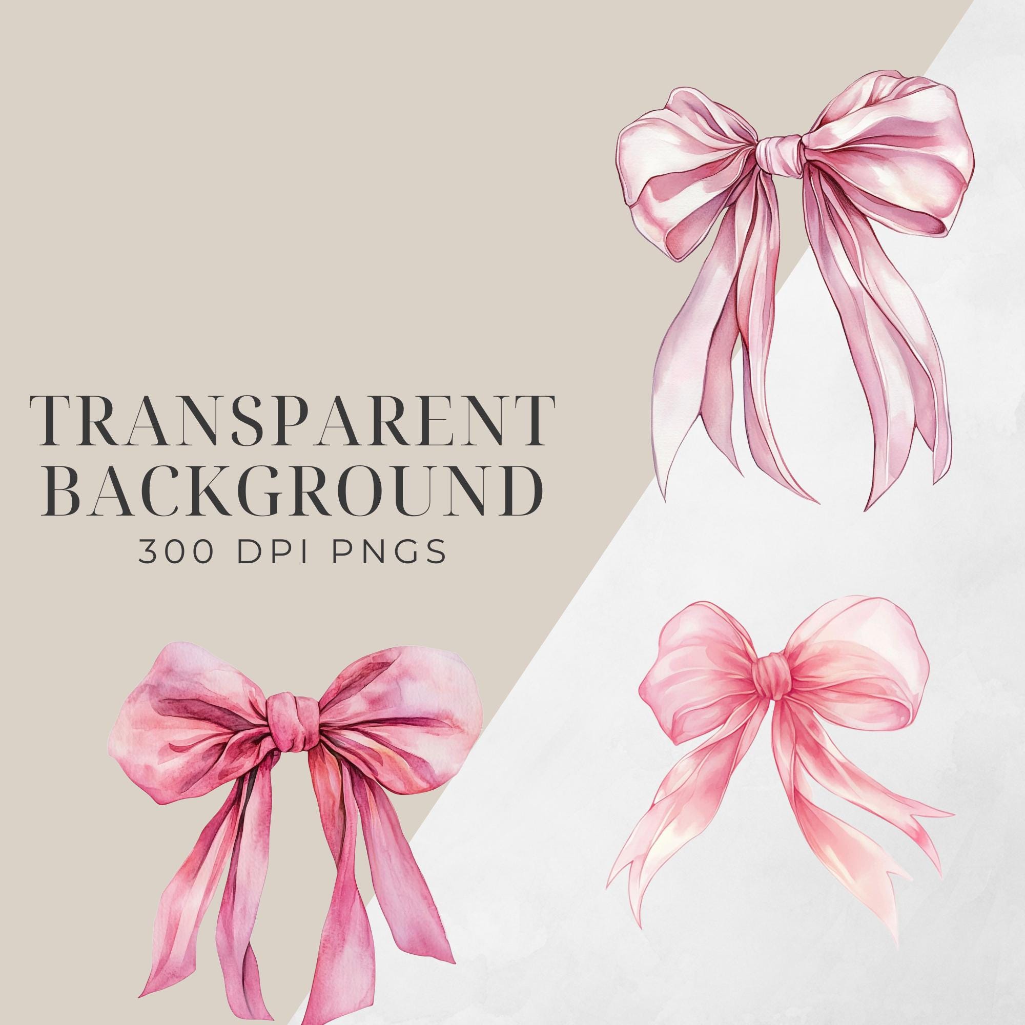 Pink Watercolor Bows Clipart Pack- 300 DPI - PNG - Transparent ...