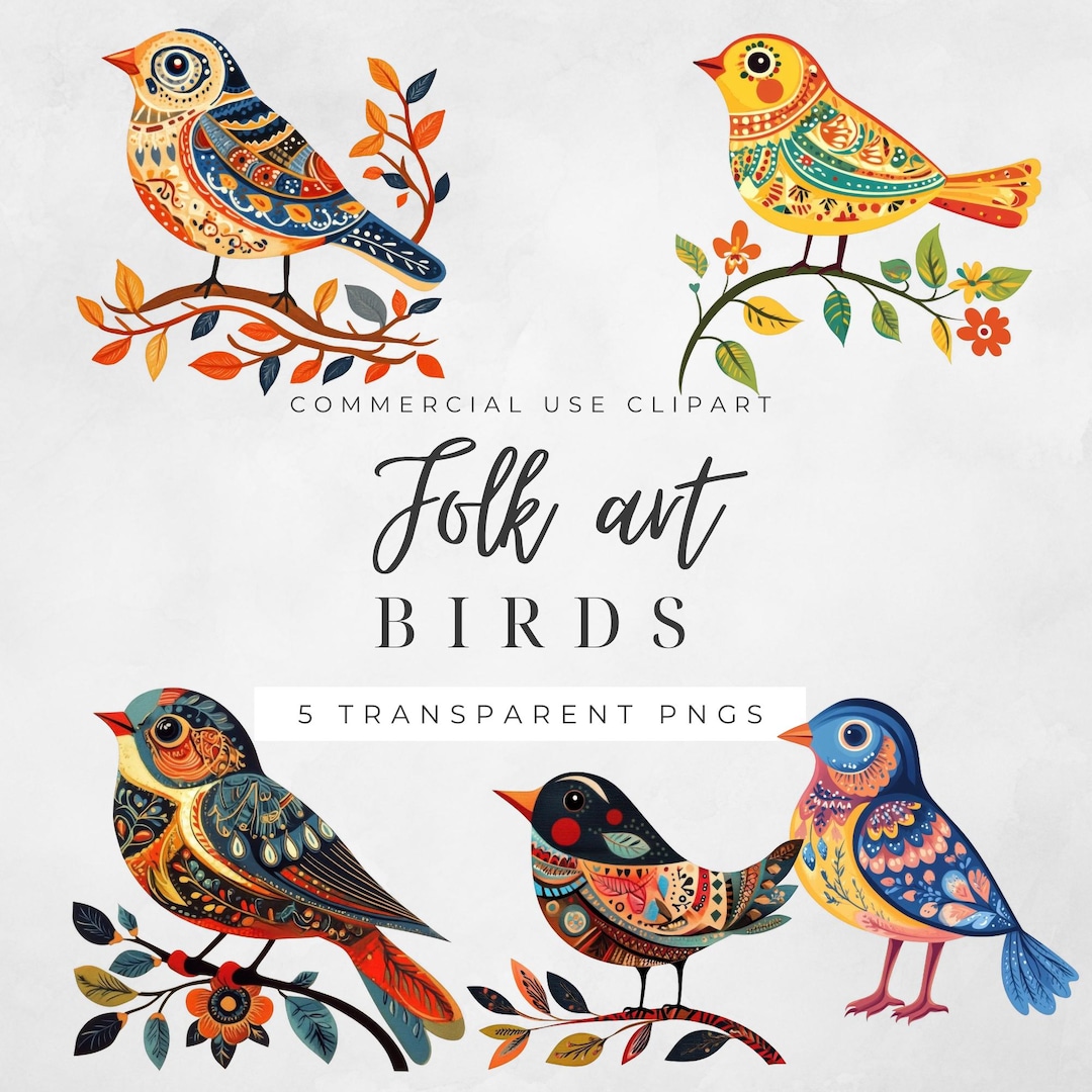 Folk Art Bird Clipart Set, Colorful Decorative Bird PNG, Watercolor ...