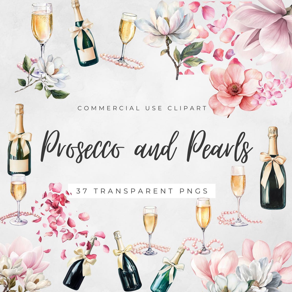 Prosecco and Pearls Clip Art Pack. 37 Images | 300 DPI | Transparent ...