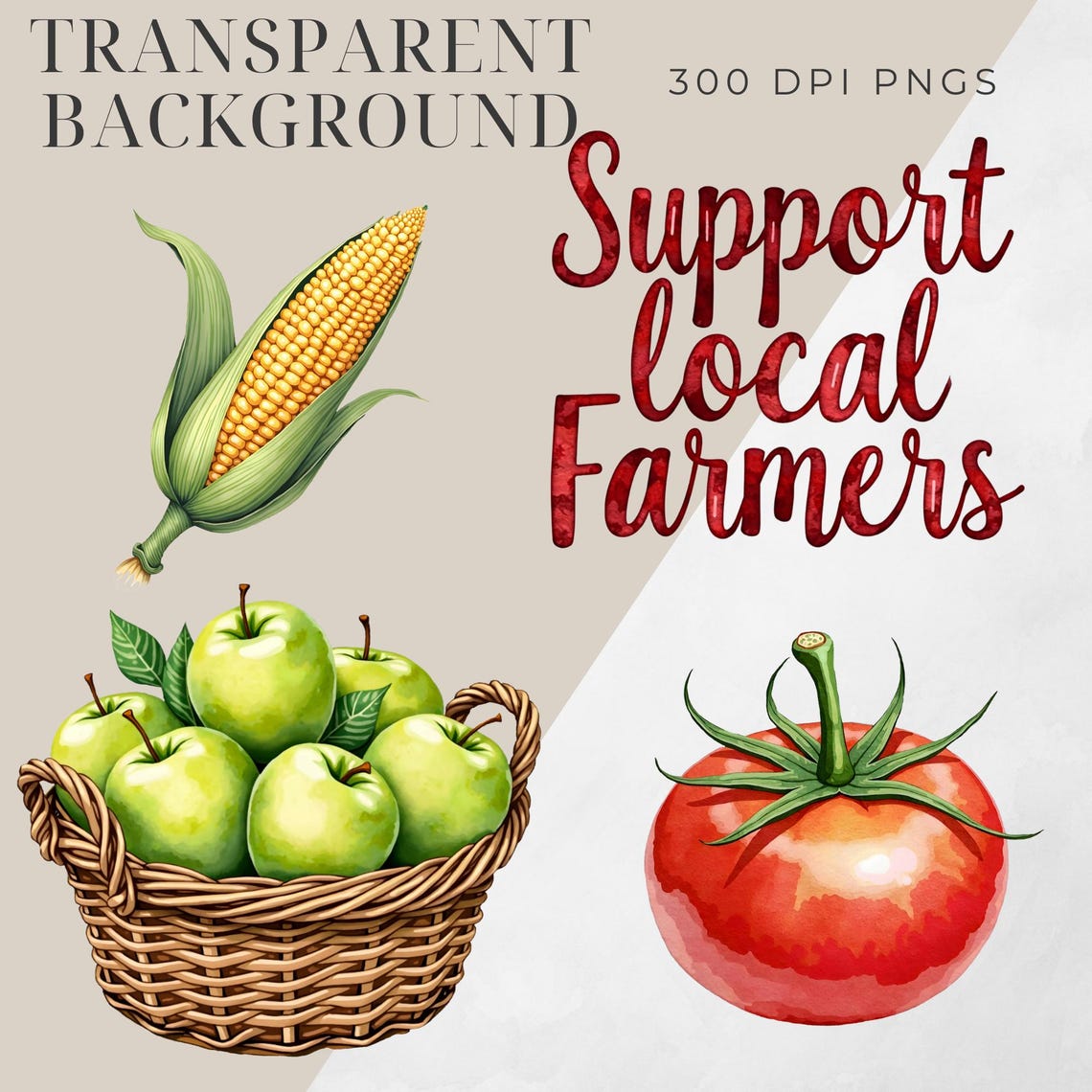 Farmer’s Market Clipart, Watercolor Vegetable PNG, Locally Grown ...