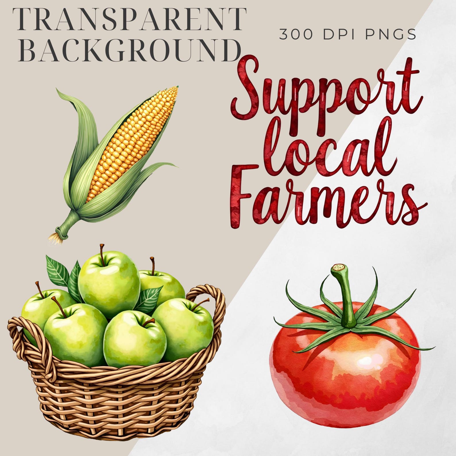 Farmer’s Market Clipart, Watercolor Vegetable PNG, Locally Grown ...