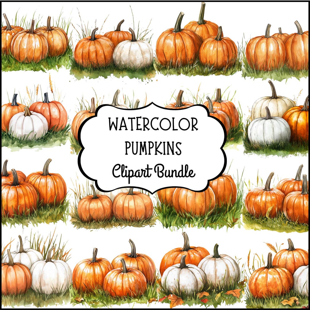Watercolor Pumpkin Clipart Bundle PNG Fall Harvest Set With White and ...
