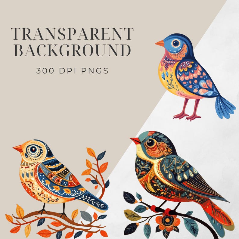 Folk Art Bird Clipart Set, Colorful Decorative Bird PNG, Watercolor ...
