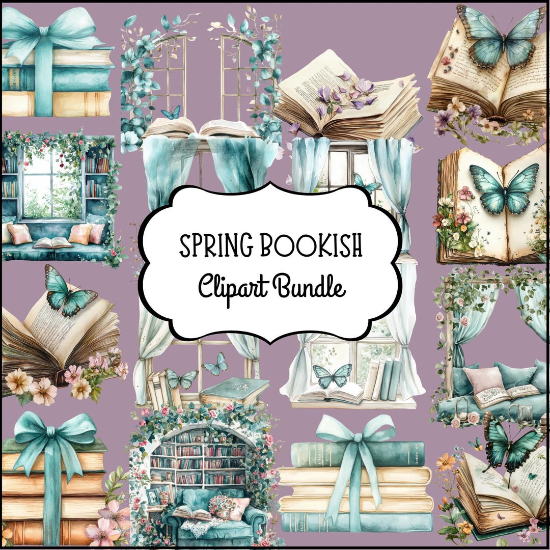 Spring Bookish Clipart Bundle | Watercolor Books & Butterflies PNG ...