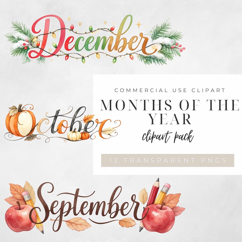 Months of the Year Clip Art, Decorative Months Png, Instant Download ...