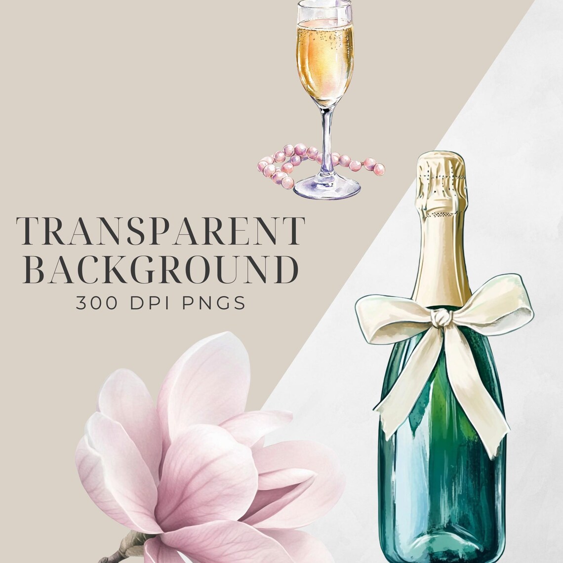 Prosecco and Pearls Clip Art Pack. 37 Images | 300 DPI | Transparent ...