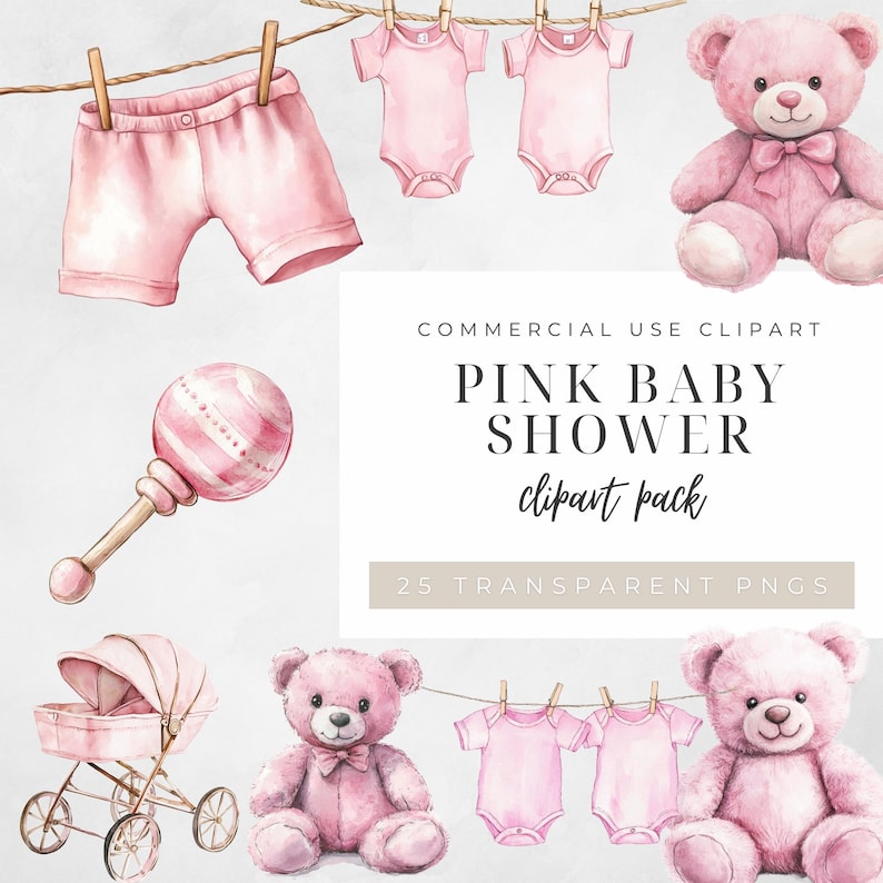 Pink Baby Shower Clipart Pack- 300 DPI - PNG - Transparent Background ...